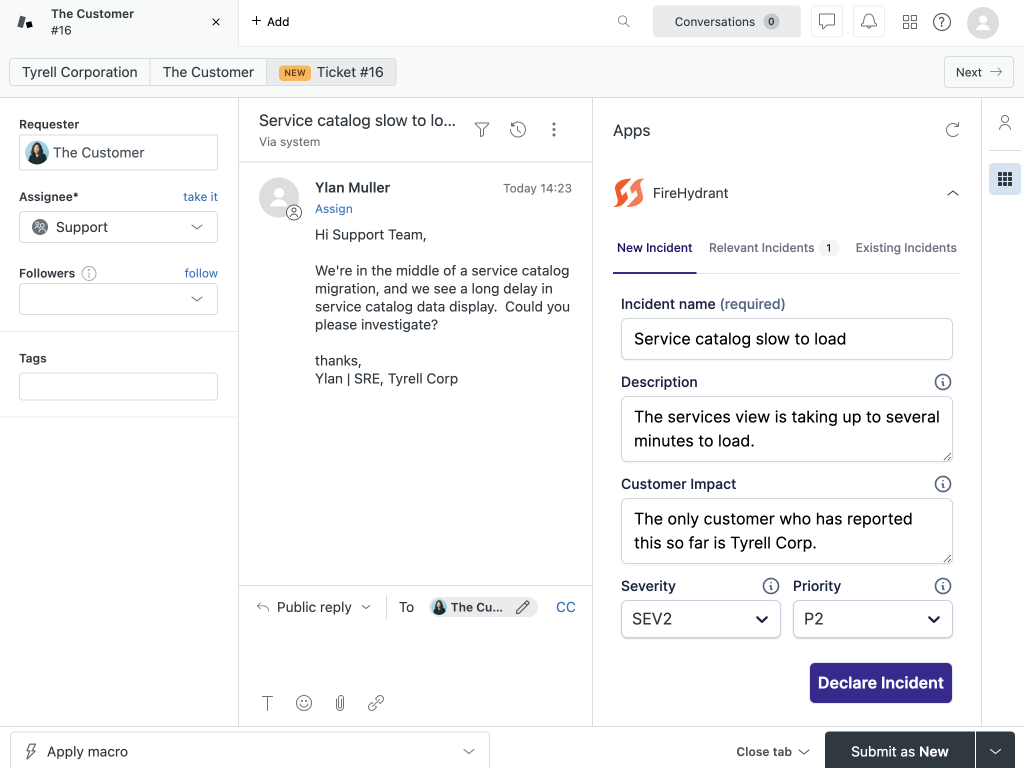FireHydrant App Integration with Zendesk Support